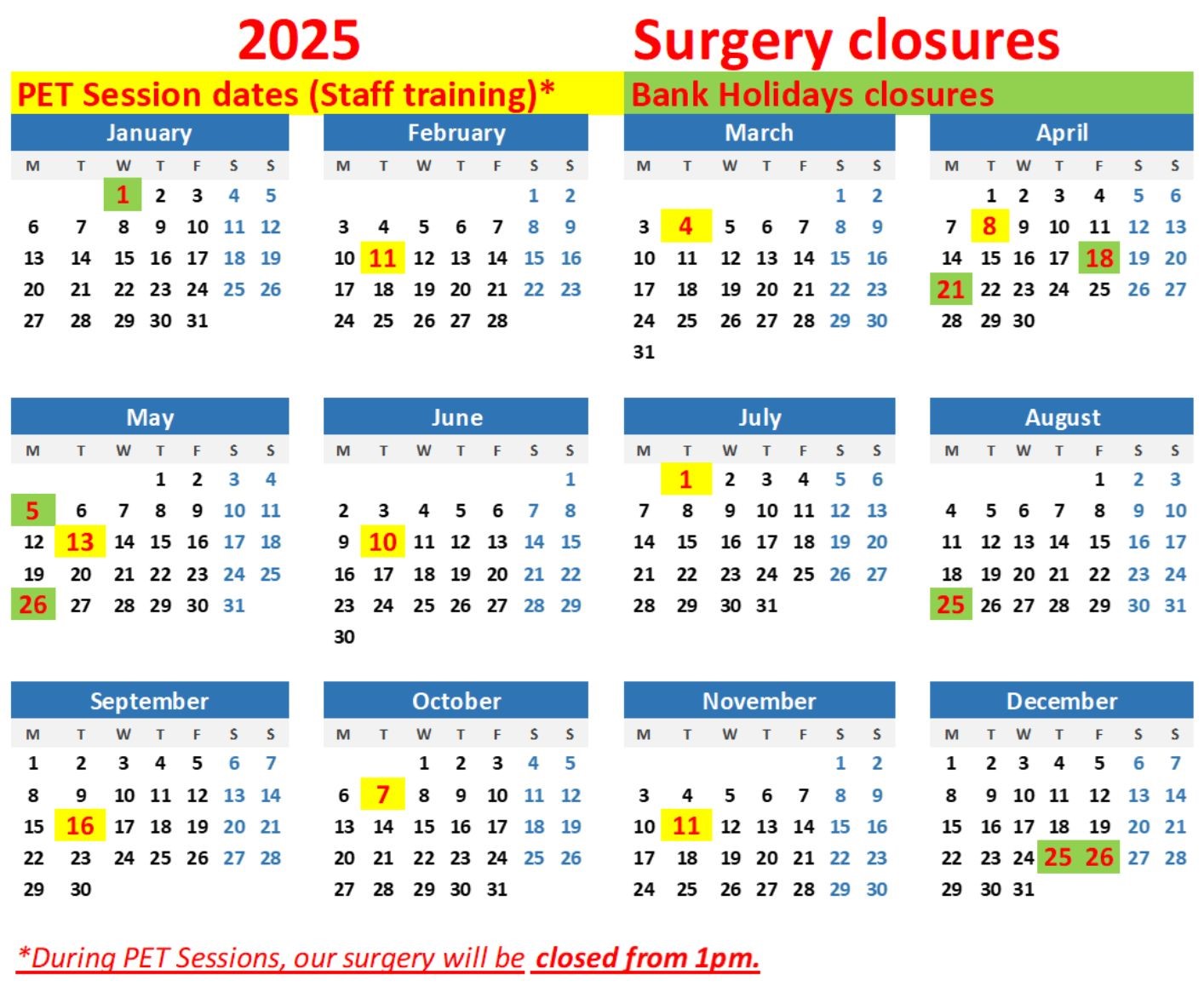 Surgery Closure Dates 2025 - Central Park Surgery